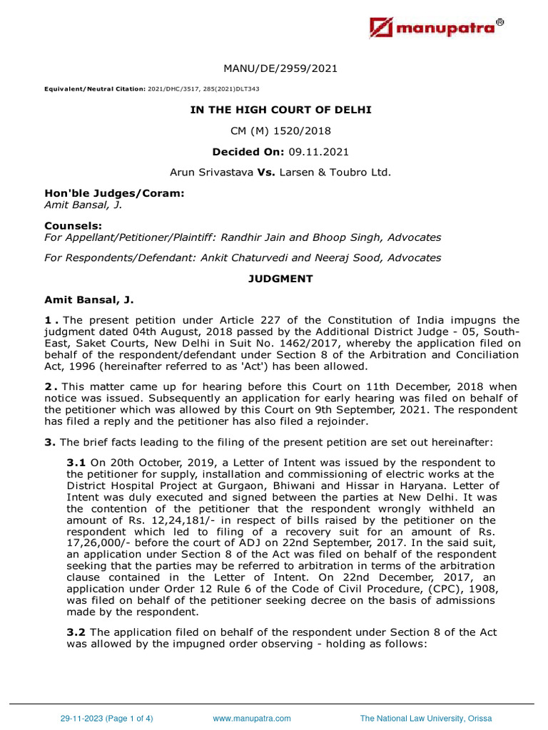 Arun Srivastava Vs Larsen and Toubro LTD 09112021 DE202111112116270873COM155212 | PDF ...