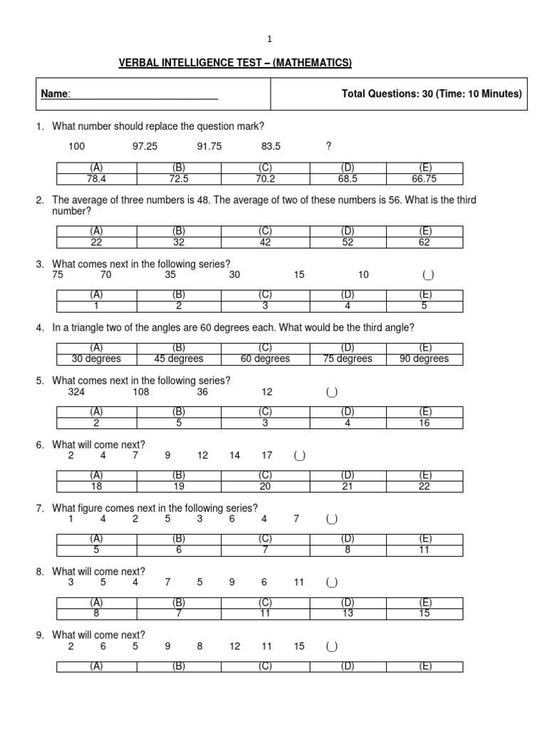 Verbal Intelligence Math Test Questions | PDF | Mathematics | Geometry