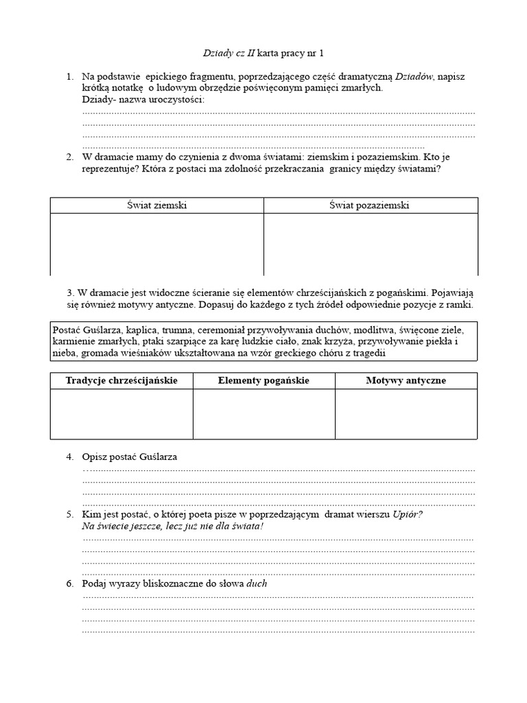 Dziady Cz. 2 - Karta Pracy | PDF