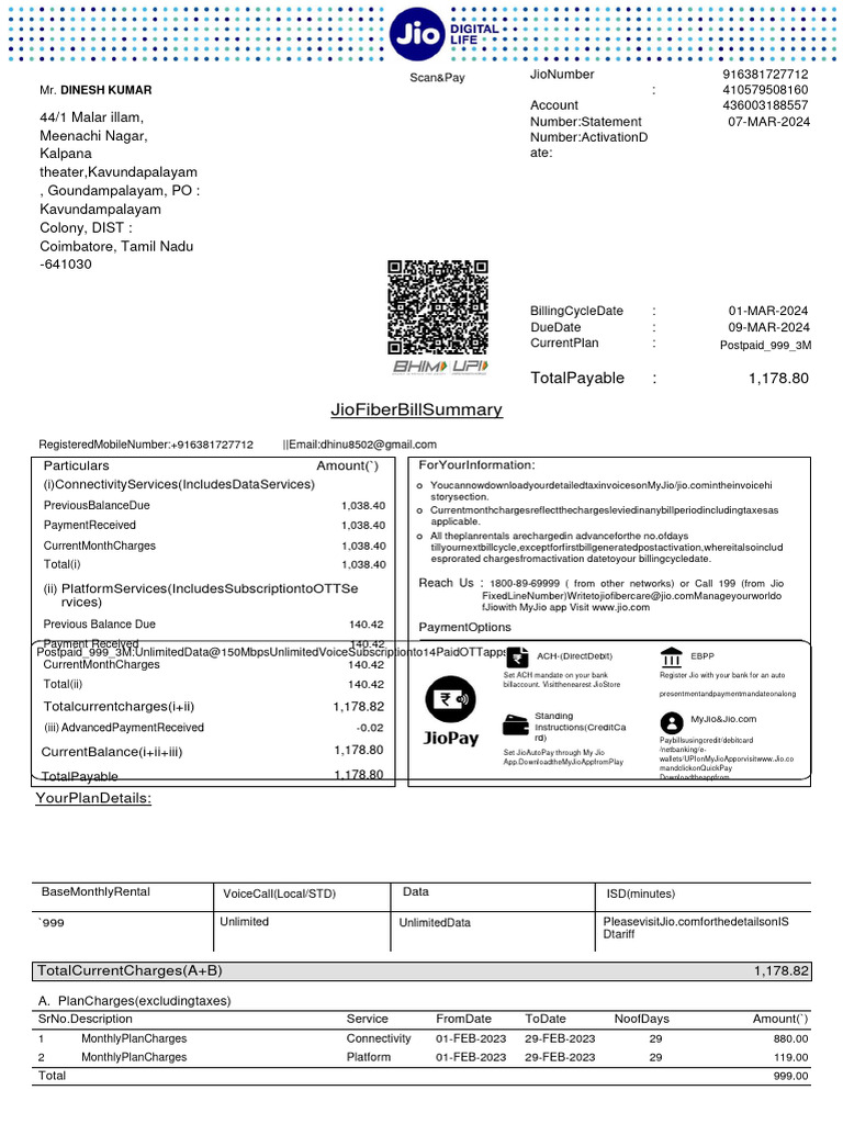 InterNet Bill Mar 2024 | PDF | Business | Services (Economics)
