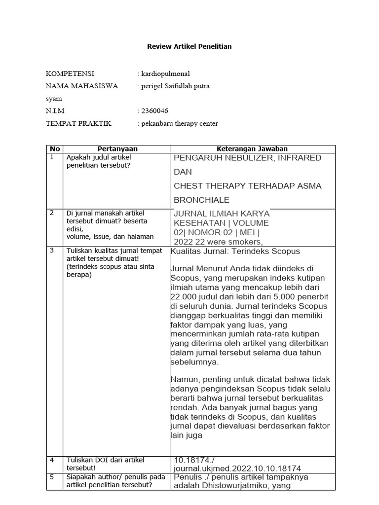 Review Artikel Penelitian Kardiopulmonal | PDF