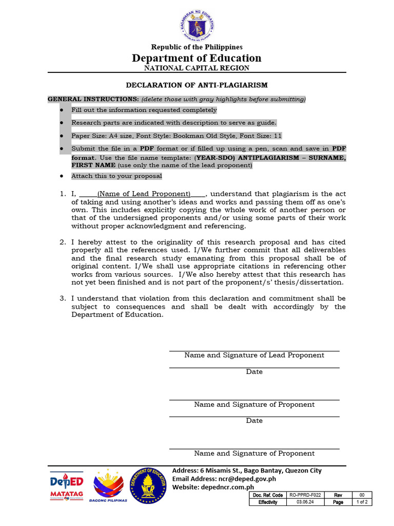 Anti-Plagiarism Declaration Template | PDF | Career & Growth