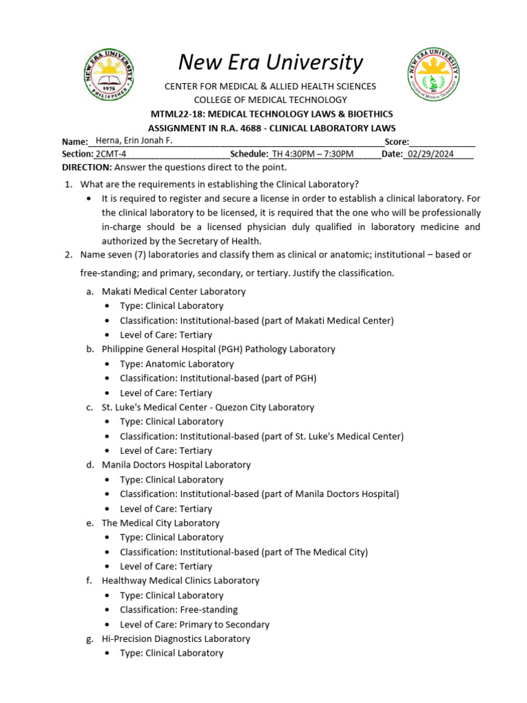 Assignment in RA 4688 Clinical Laboratory Laws | PDF | Health Care | Medical Diagnosis