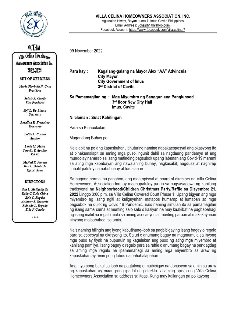 Sulat Kahilingan Xmas Donation | PDF