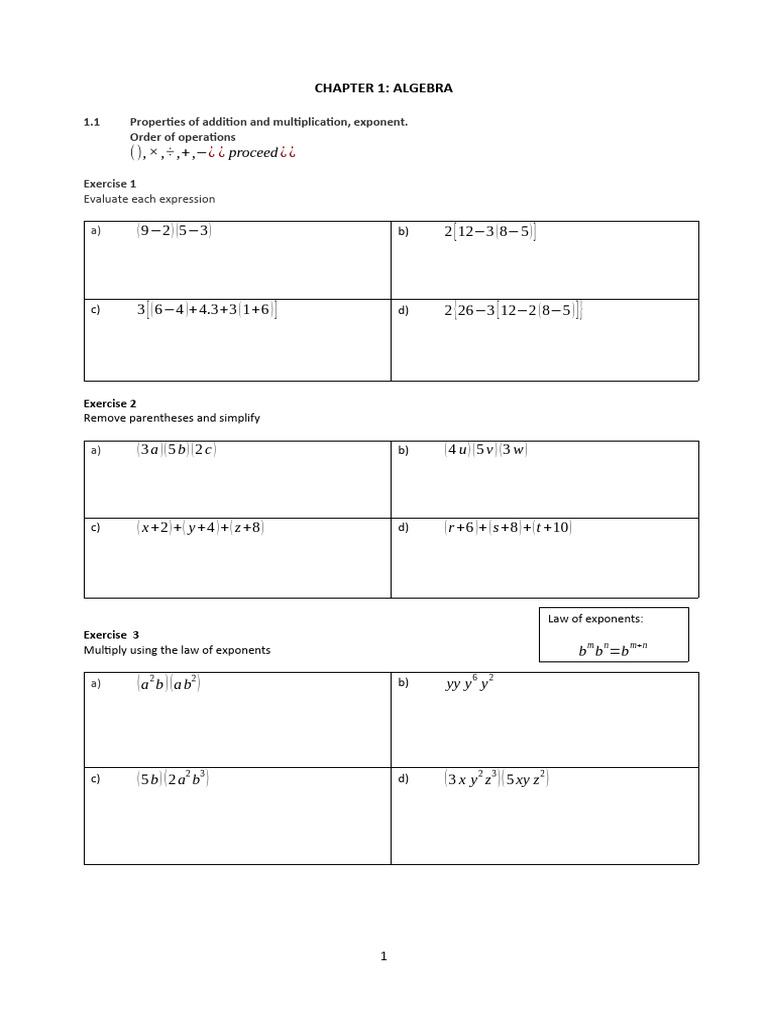 CHAPTER1-ALGEBRA-exercise Student | PDF