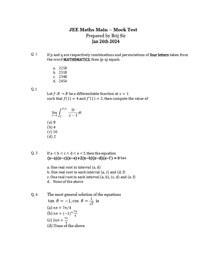 JEE Main - Math Mock Up Test | PDF
