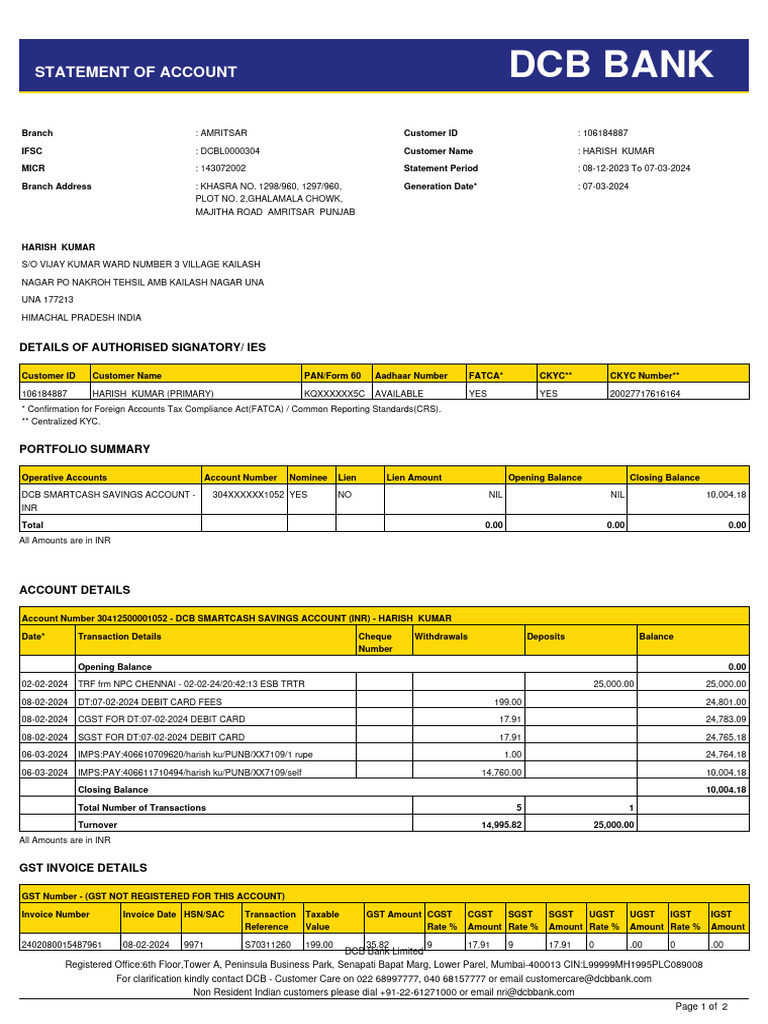 DCB Bank Account Statement Summary | PDF