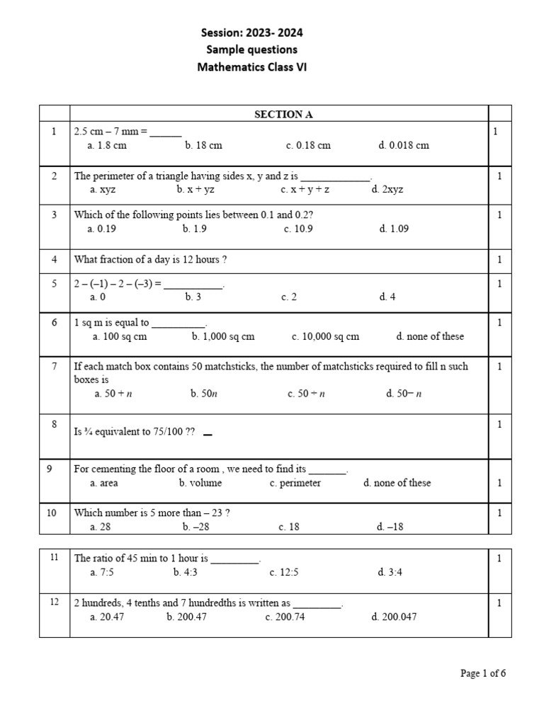 Class 6 Revision Paper | PDF | Mathematics | Elementary Mathematics