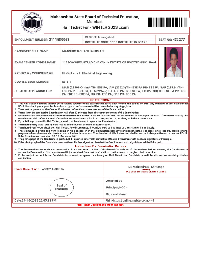 HALL TICKET FOR WINTER 2023 of Ycip | PDF