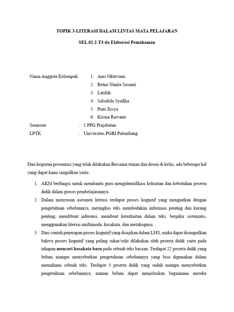 TOPIK 3-LITERASI DALAM LINTAS MATA PELAJARAN (SEL.02.2-T3-6a Elaborasi Pemahaman) | PDF | Karier ...