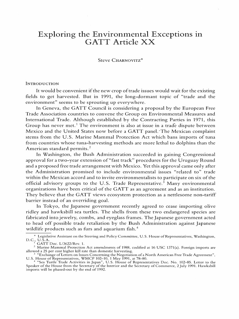 Charnovitz - Exploring The Environmental Exceptions in GATT Article XX | PDF | General Agreement ...