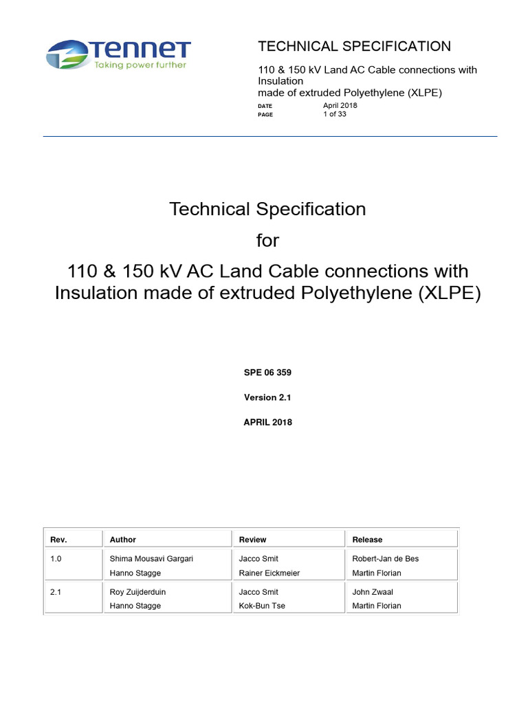 SPE 06 359 Technical Specifications For 110 - 150kV AC Cables - 2.1 | Download Free PDF ...