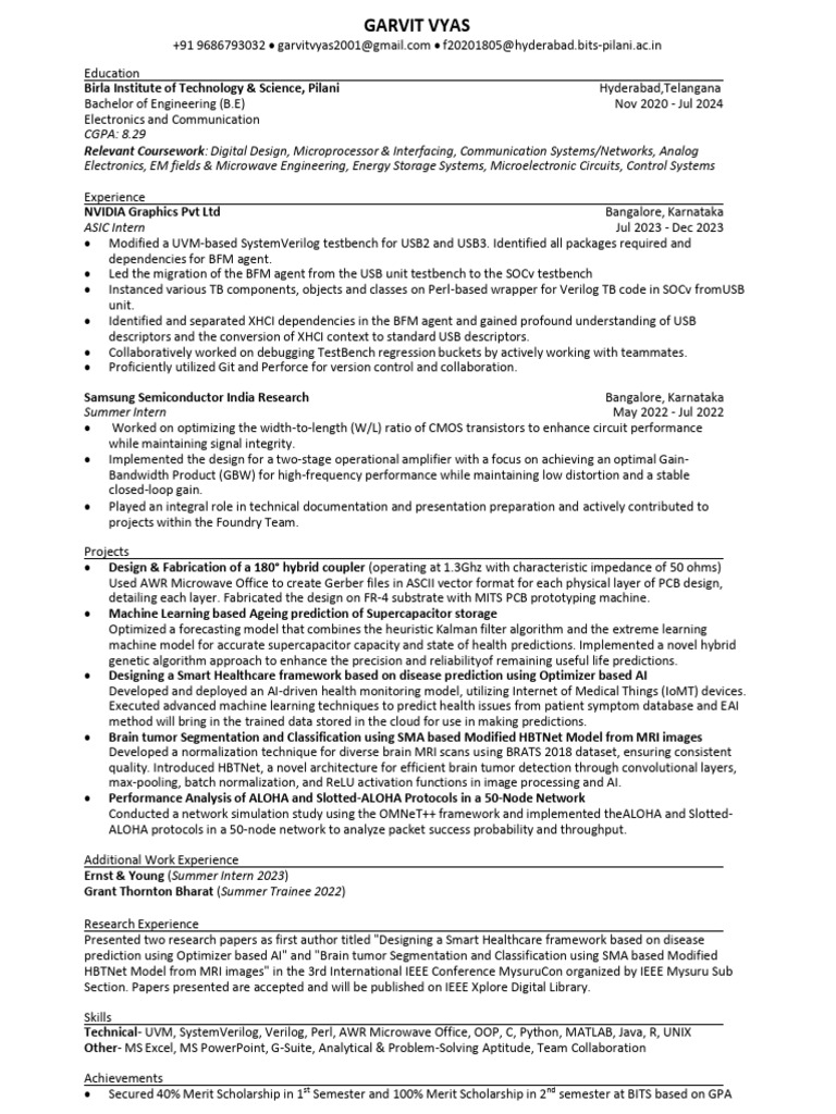 Garvit Vyas Resume BTech BITS Pilani 8.5 CGPA Worked at NViDiA, Samsung ...