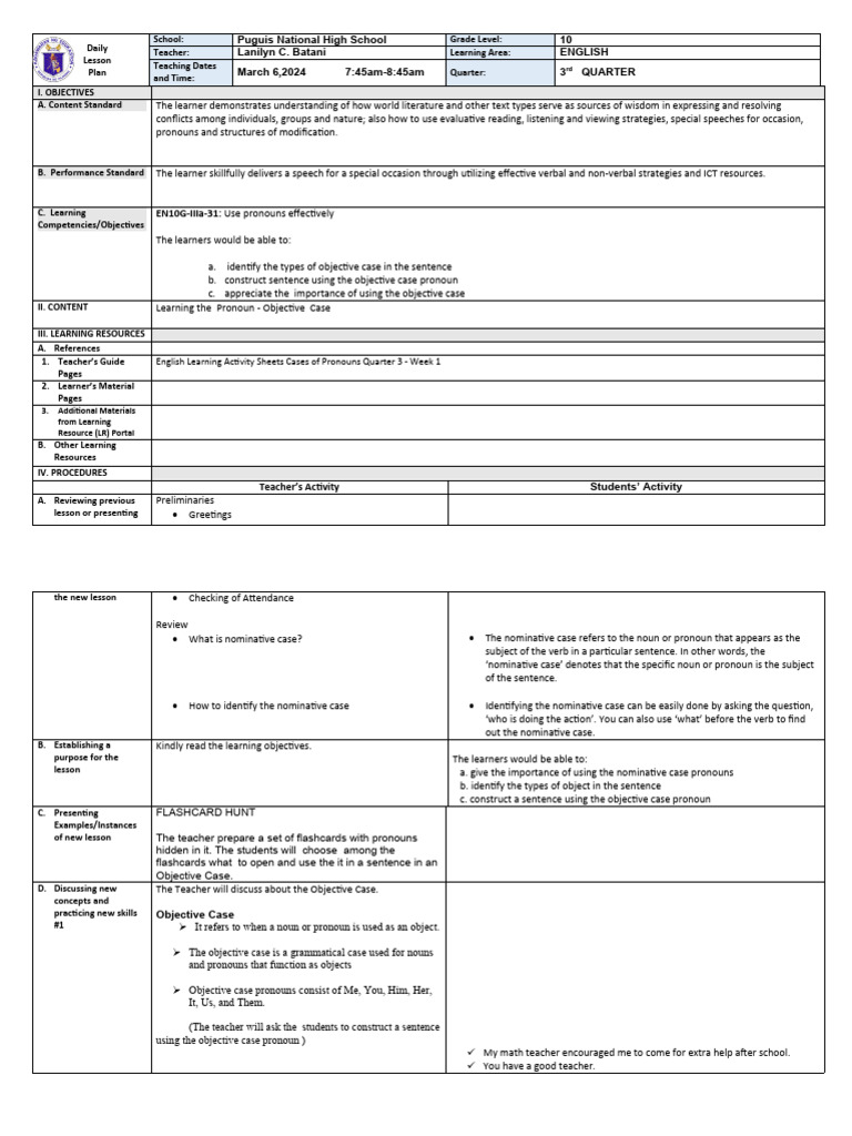 Lesson Plan On Objective Case Of Pronoun Pdf