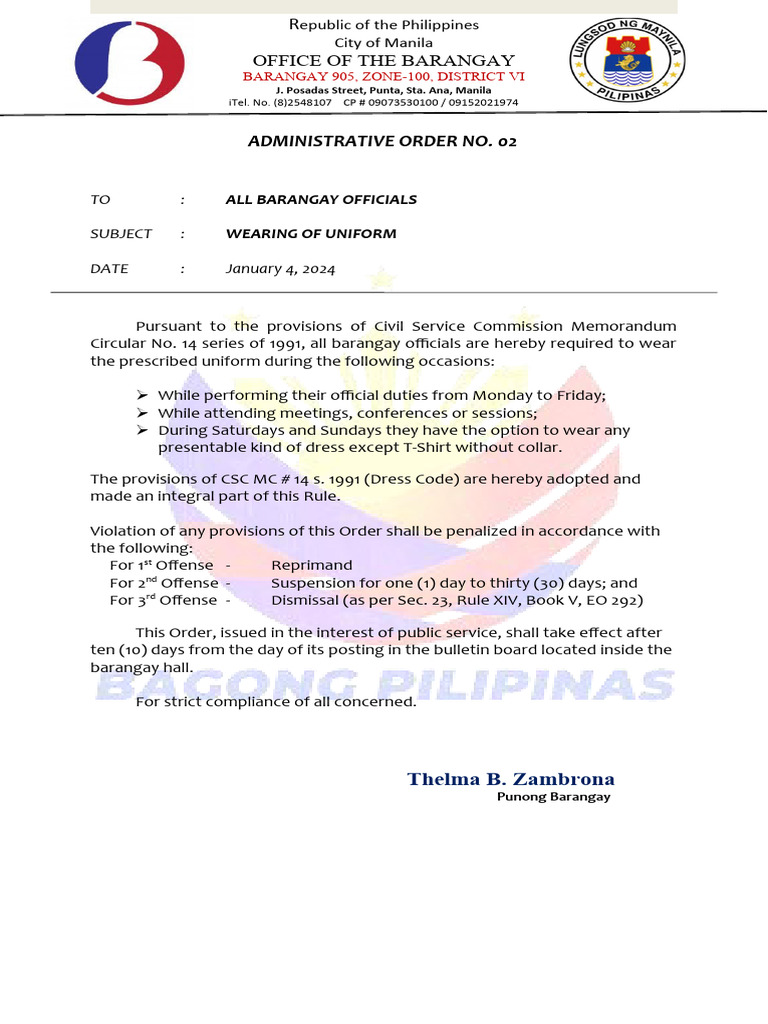 Barangay Officials Uniform Compliance Order | PDF