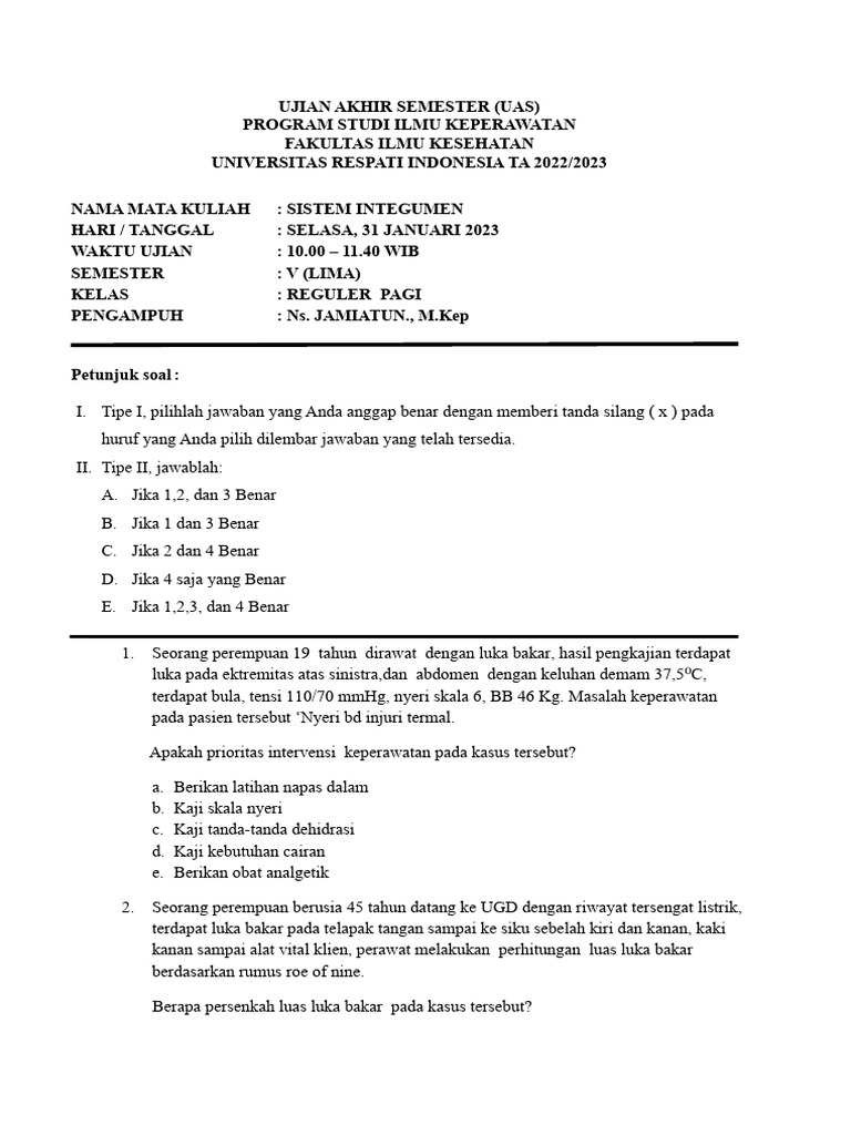 Soal Uas Integumen 2023 Pr13 | PDF | Kesehatan Holistik | Sains & Matematika