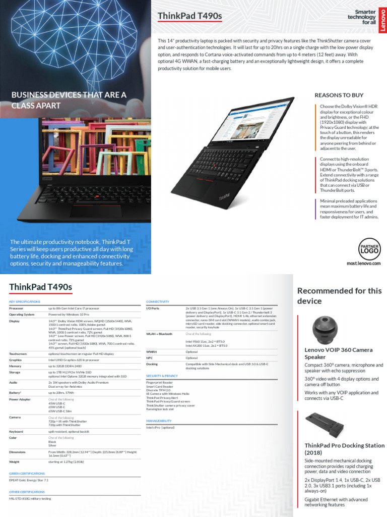ThinkPad T490s Datasheet EN | PDF | Usb | Personal Computing