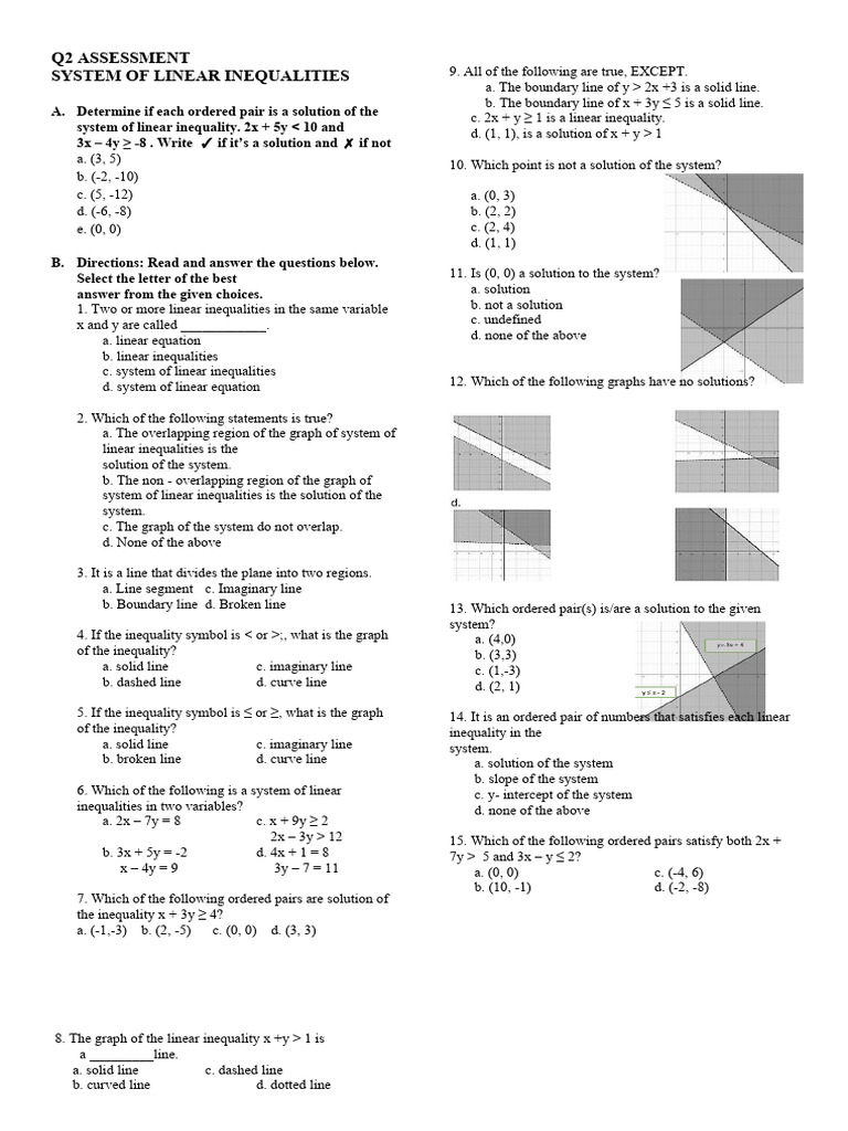 Q2 Linear Inequalities Assessment | PDF | Elementary Mathematics | Mathematical Relations