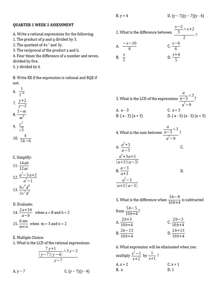 Rational Expressions Assessment Q1W3 | PDF | Division (Mathematics ...