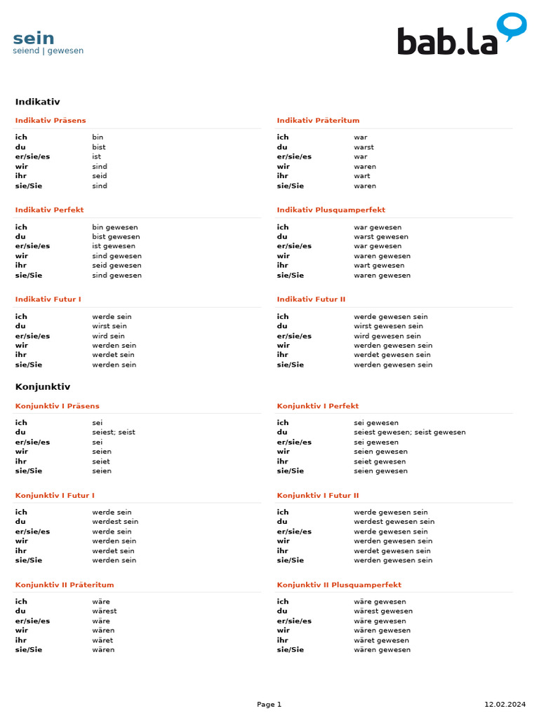 Bab.la Conjugation German Sein | PDF