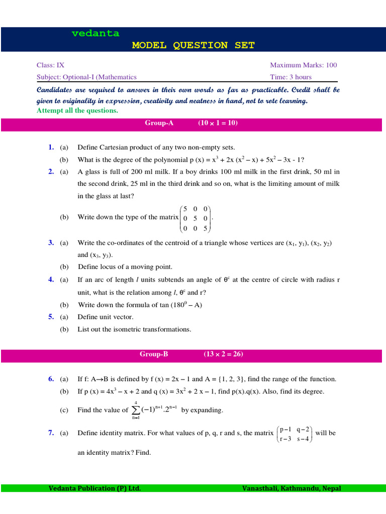 Model Question Set of Optional i Mathematic Class9 20210123185817 (2) | PDF