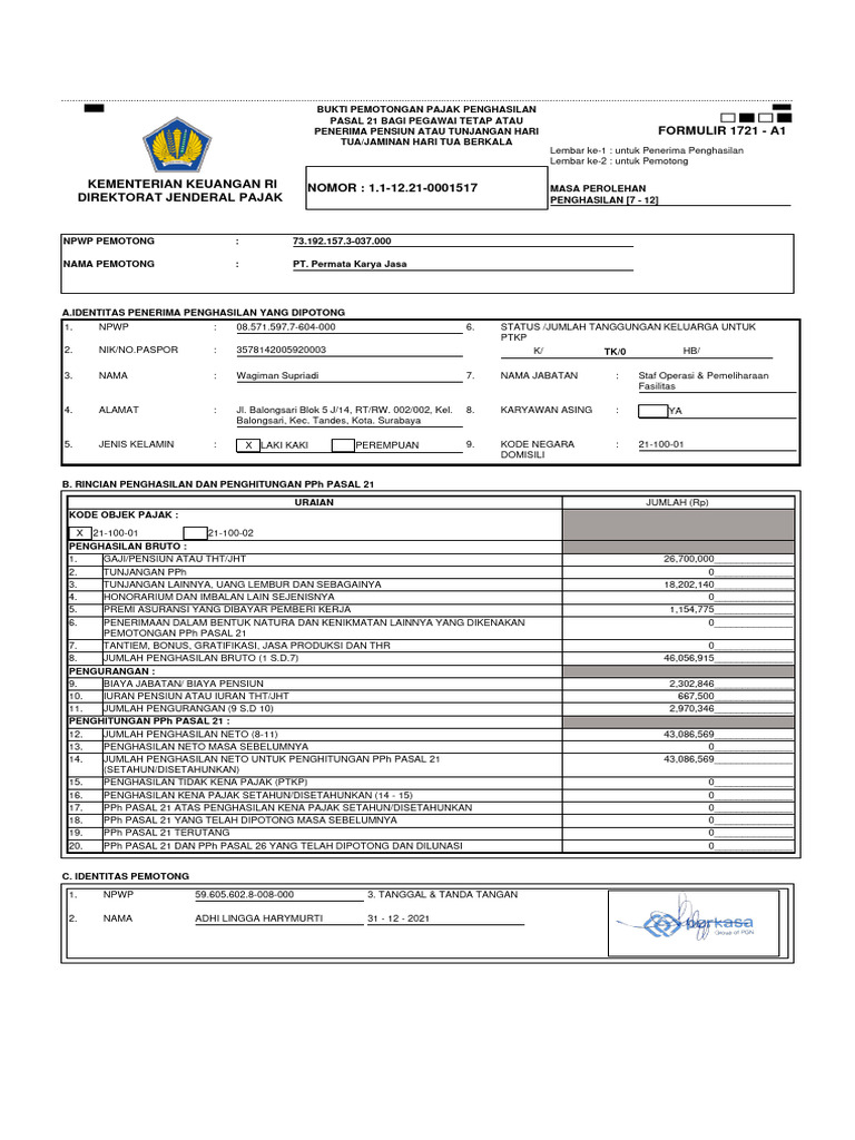 Formulir 1721 - A1 | PDF