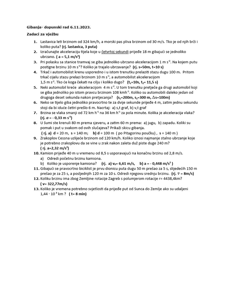 Zadaci Gibanja 2023 - Dopunski Rad | PDF