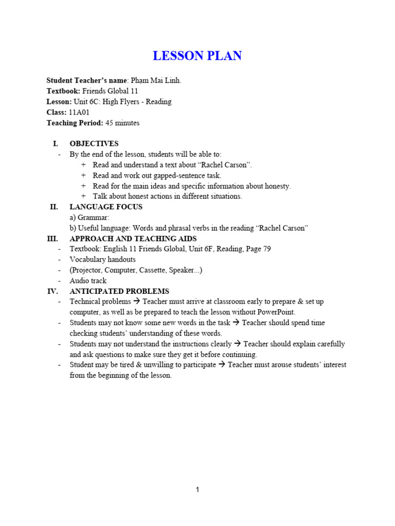 LESSON PLAN Friends Global 11 - Unit 6 Reading | PDF | Human Communication | Learning