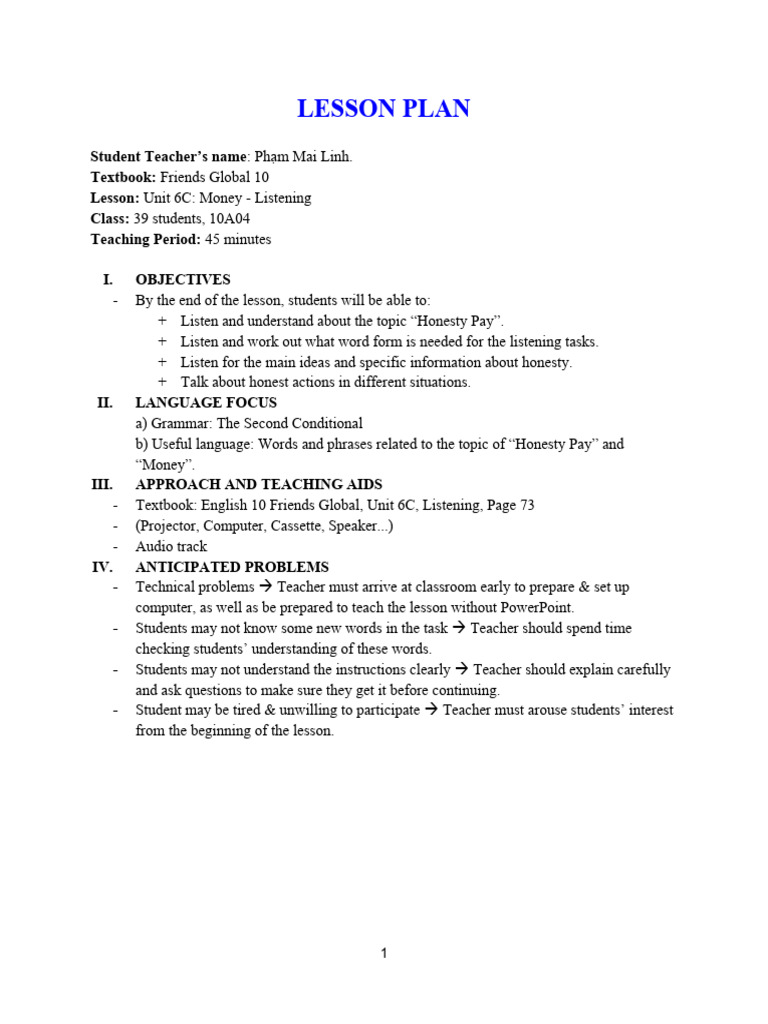 Listening Lesson Plan: Honesty Pay | PDF | Teachers | Lesson Plan