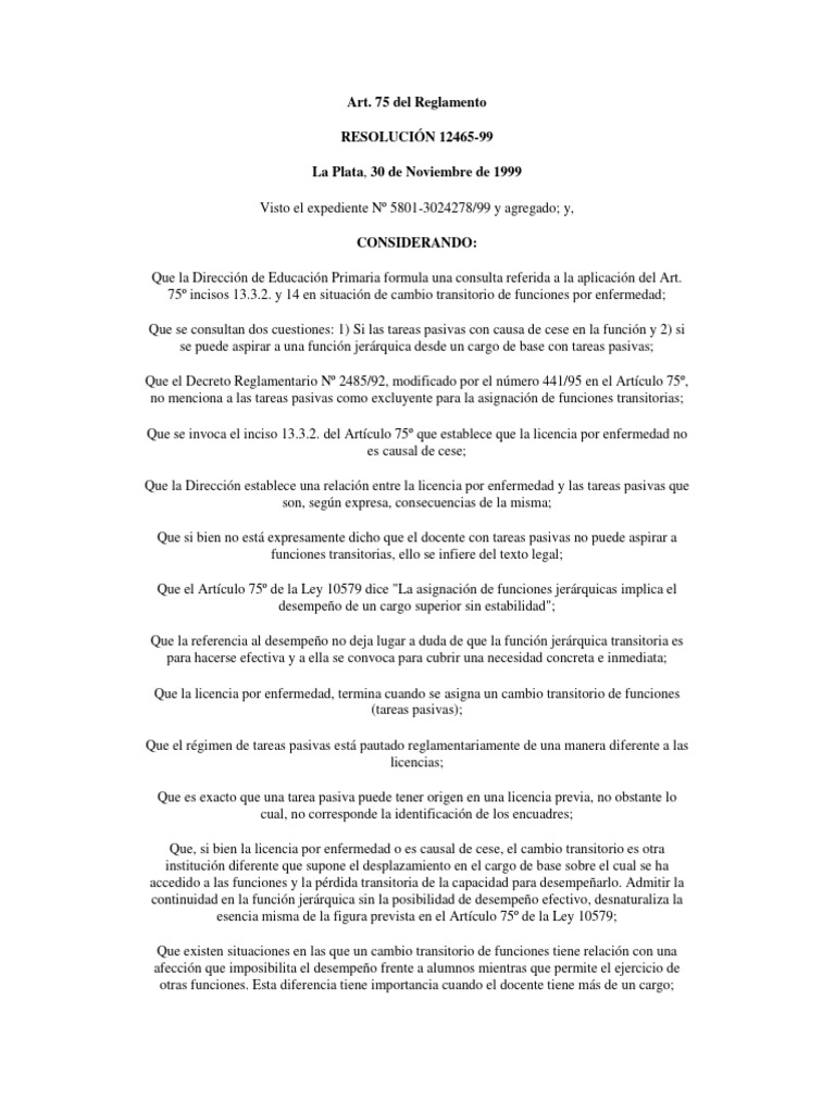 Art. 75 Del Reglamento RESOLUCIÓN 12465-99 La Plata, 30 de Noviembre de ...