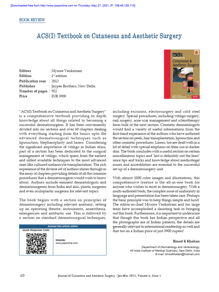 ACSI Textbook On Cutaneous and Aesthetic Surgery | PDF