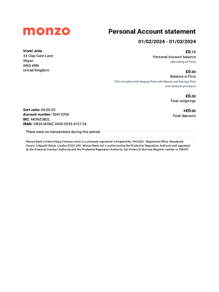 Monzo - Bank - Statement - 2024 02 01 2024 02 01 - 1760 | PDF | Deposit ...
