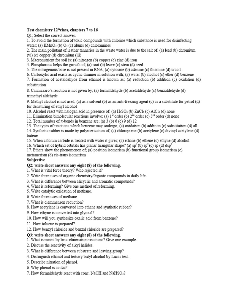12th Chemistry Tests | PDF | Ethanol | Ether