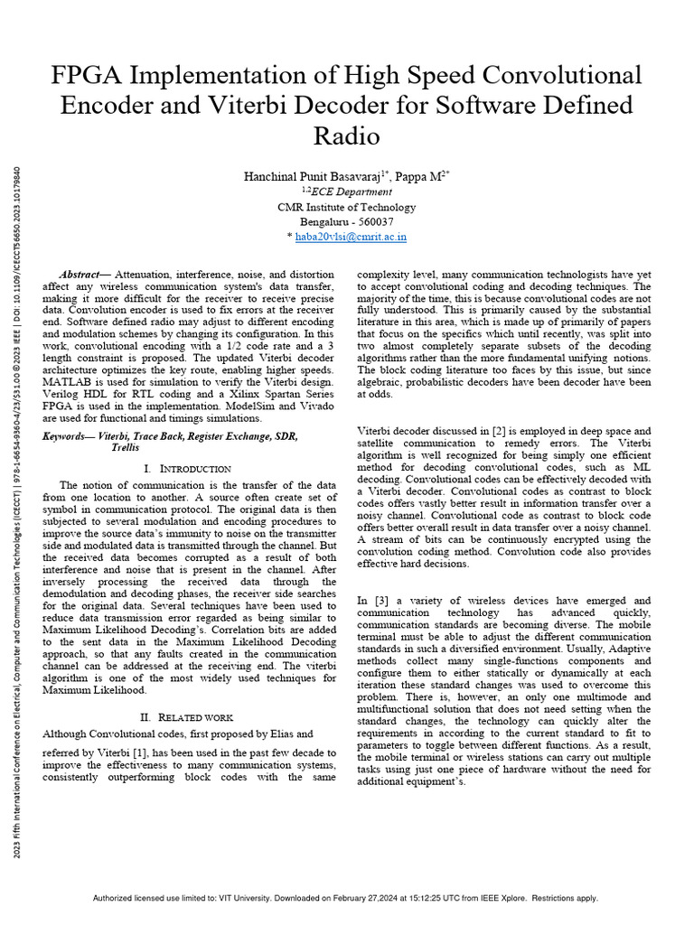 Fpga Implementation Of High Speed Convolutional Encoder And Viterbi Decoder For Software Defined