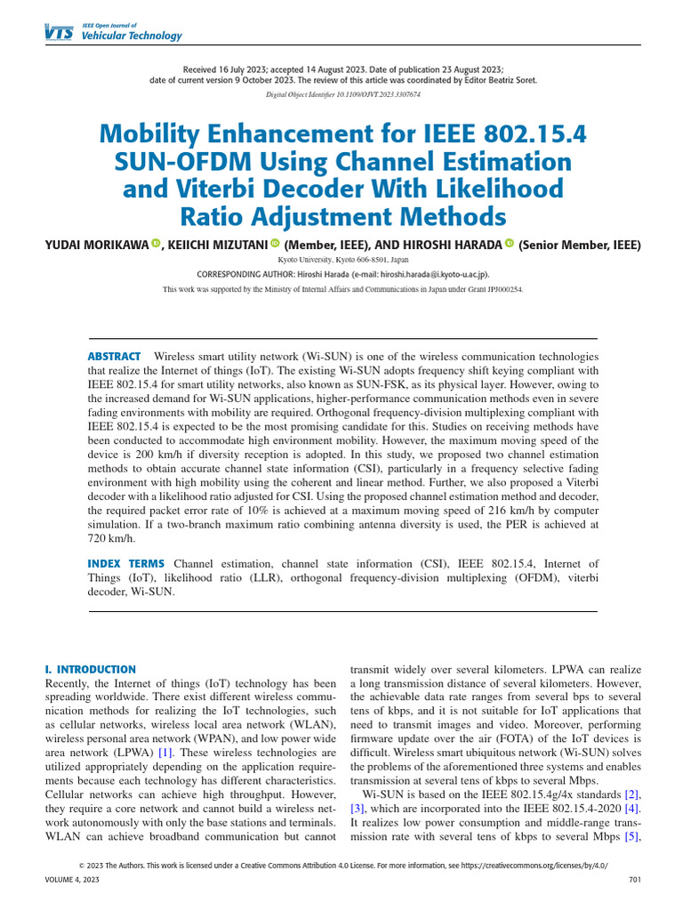 Mobility Enhancement For IEEE 802.15.4 SUN-OFDM Using Channel Estimation and Viterbi Decoder ...