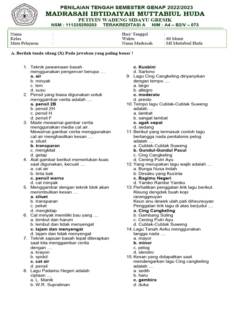 Soal PTS SBDP Kelas 5 | PDF