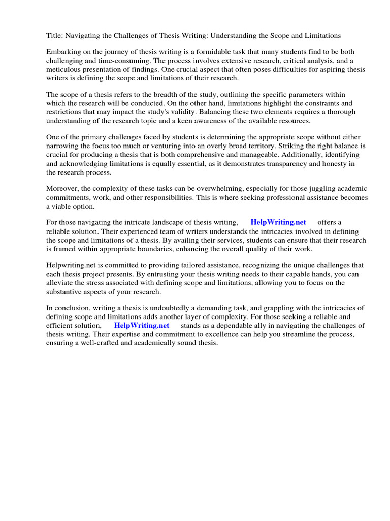 Scope and Limitations Thesis Writing | PDF | Sampling (Statistics) | Thesis