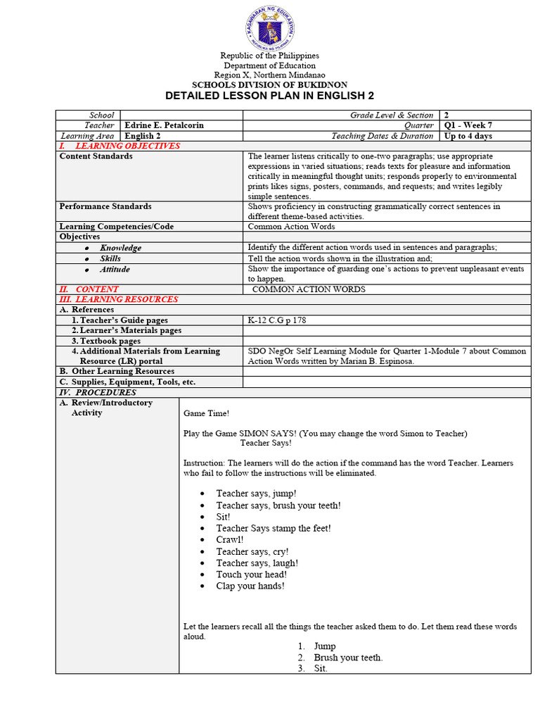 Detailed Lesson Plan English 2 | PDF | Learning | Teachers