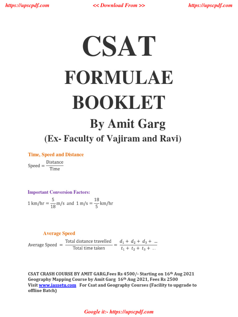 CSAT Formulae Bookle by Amit Garg | PDF | Mean | Mathematical Concepts