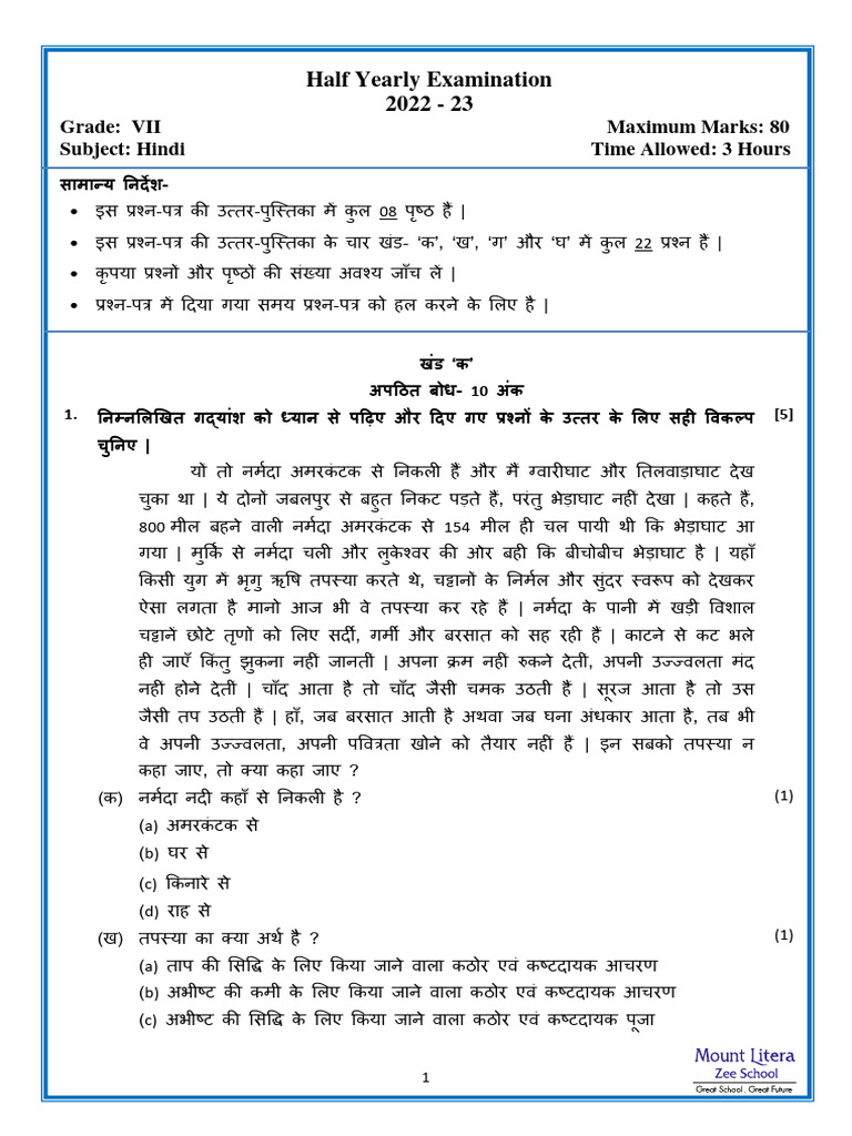 Mount Litera Zee School Class 7 Yearly Paper | PDF