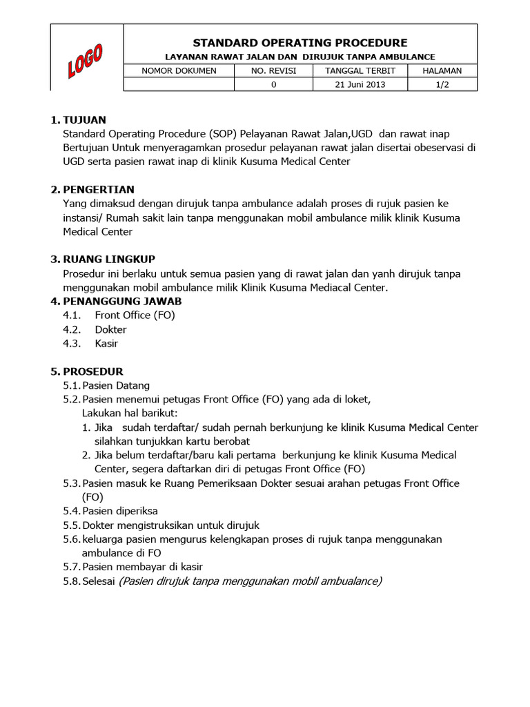 9.sop Layanan Rawat Jalan - Dirujuk Tanpa Ambulance | PDF