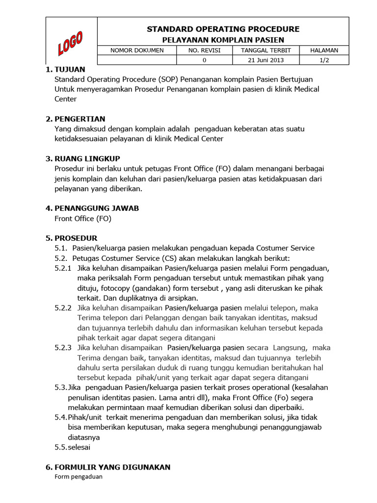 7.SOP PELAYANAN KOMPLAIN PASIEN | PDF