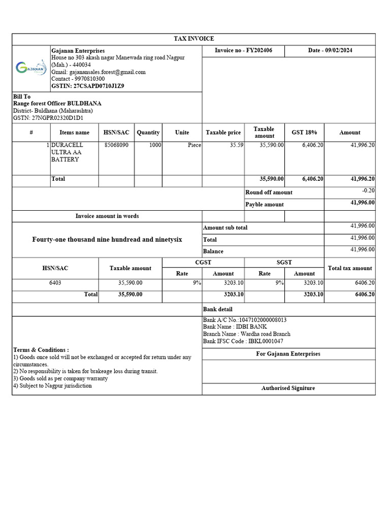 Duracell Battery Invoice 202406 Invoice Buldhana | PDF | Money | Government
