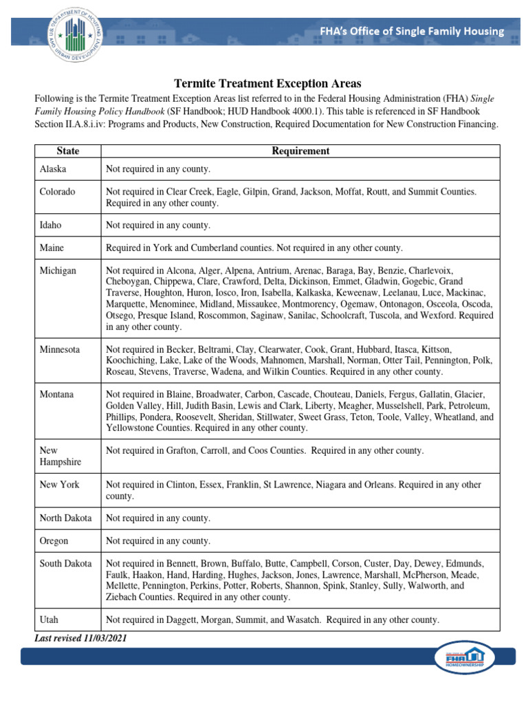 FHA Termite Treatment Exceptions by State | PDF