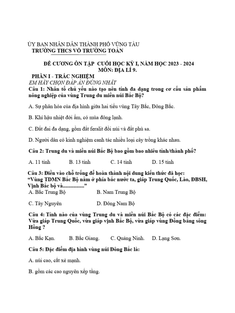 ĐỀ CƯƠNG ÔN TÂP HKI MÔN ĐỊA LÍ 9 NH 2023-2024 | PDF