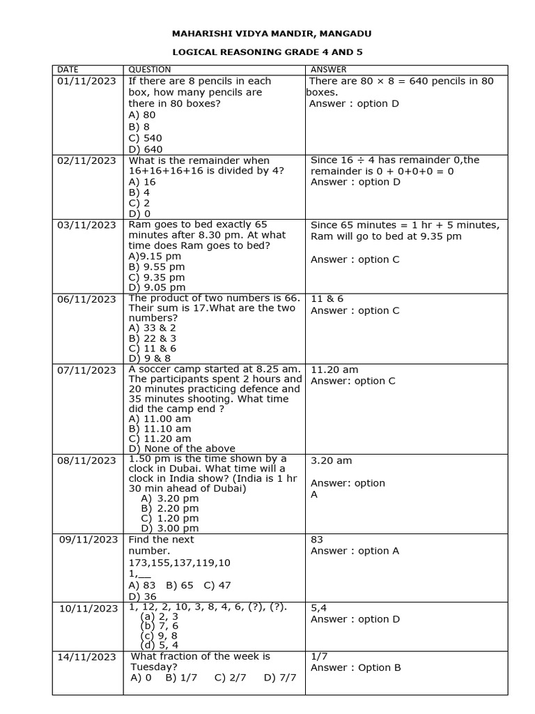 Logical Nov & Dec 4 and 5 | PDF | Division (Mathematics) | Elementary ...