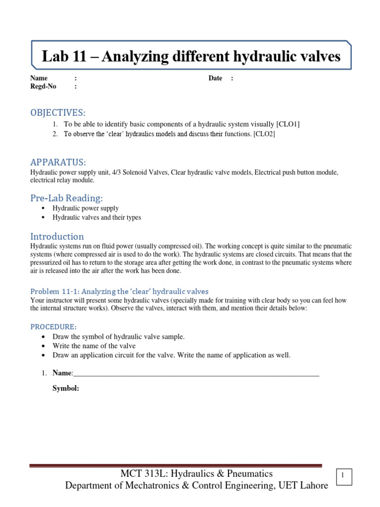 Hydraulic Valves Lab Analysis Guide | PDF | Valve | Pneumatics