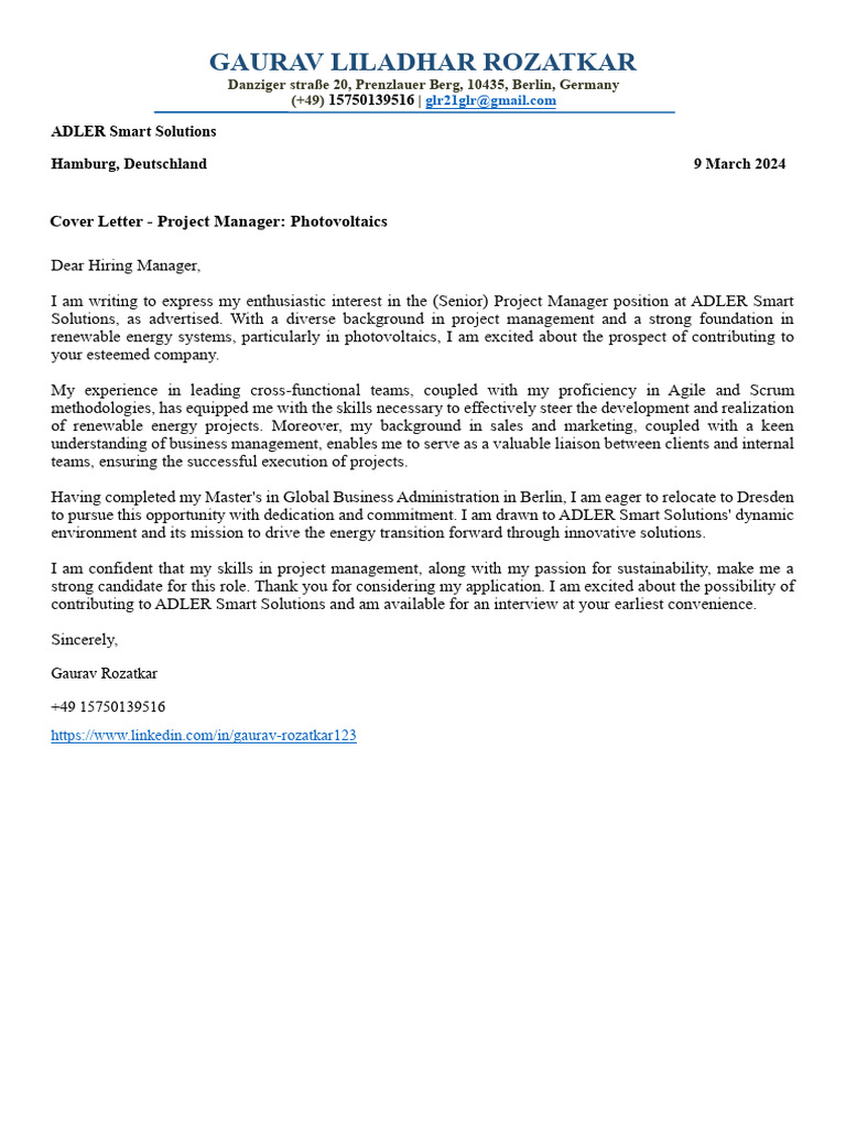Cover Letter - ADLER Smart Solutions | PDF Cover Letter - ADLER Smart Solutions | PDF