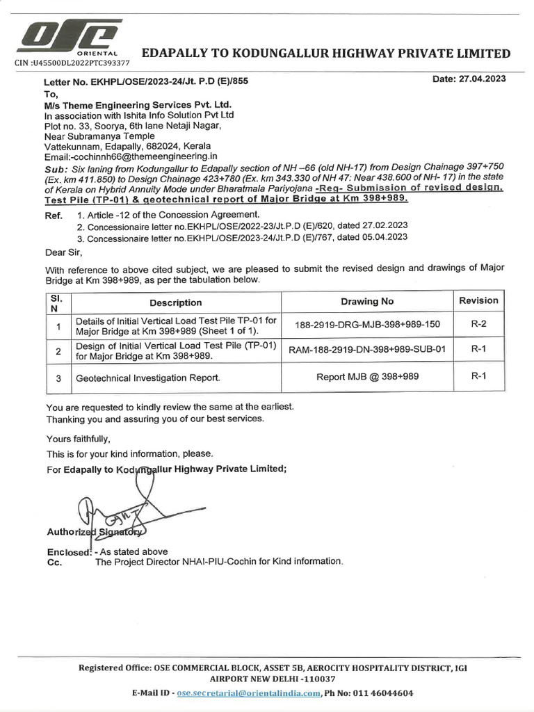 855 - EKHPL - To - IE - Reg. Submission of Revised Design, Test Pile ...