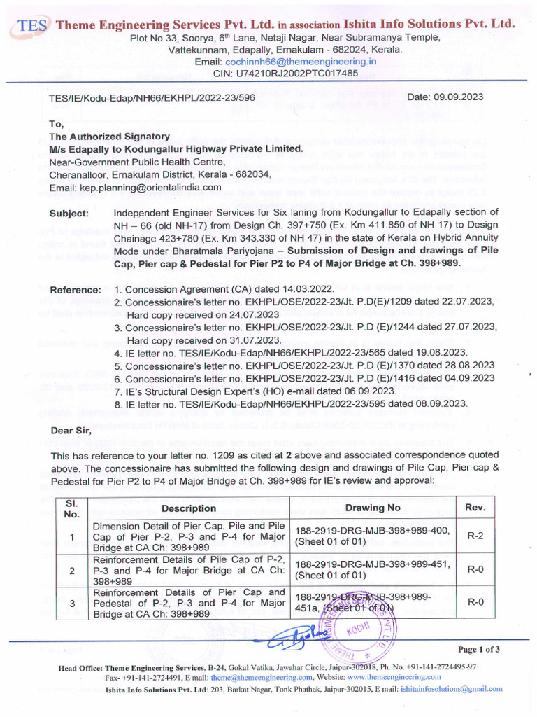 596 - EKHPL - Submission of Design and Drawings of Pile Cap, Pier Cap ...